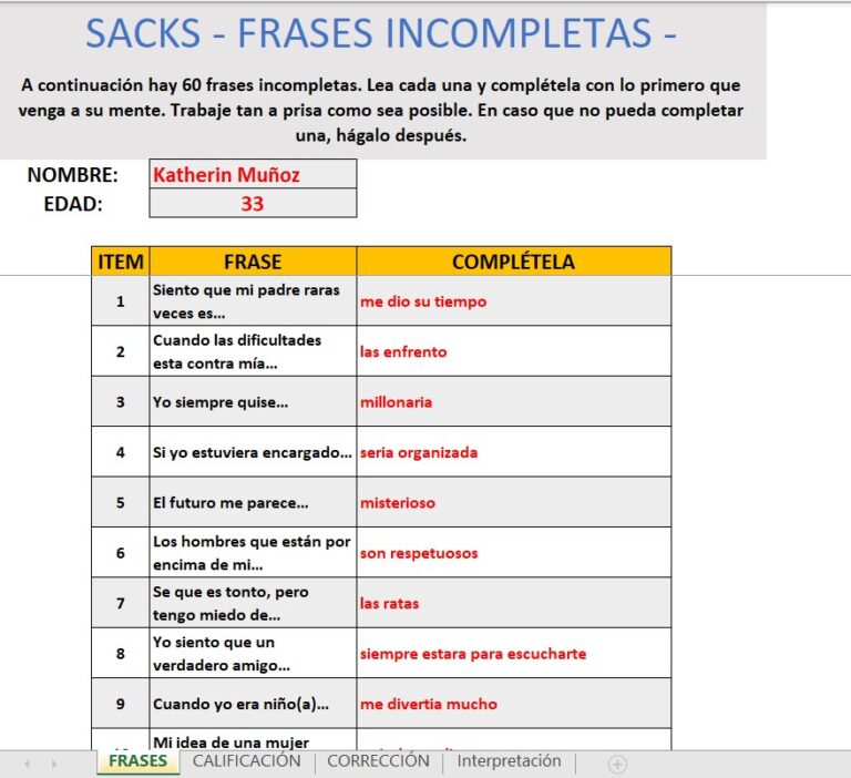 Test 60 Frases Incompletas De Sacks Adultos